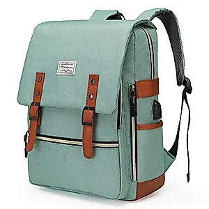 Modoker Upgraded Teal Vintage Laptop Backpack College School Bookbag for Women Men, Slim Travel Laptop Backpack with USB Charging Port Computer Bag Casual Rucksack Daypack Green