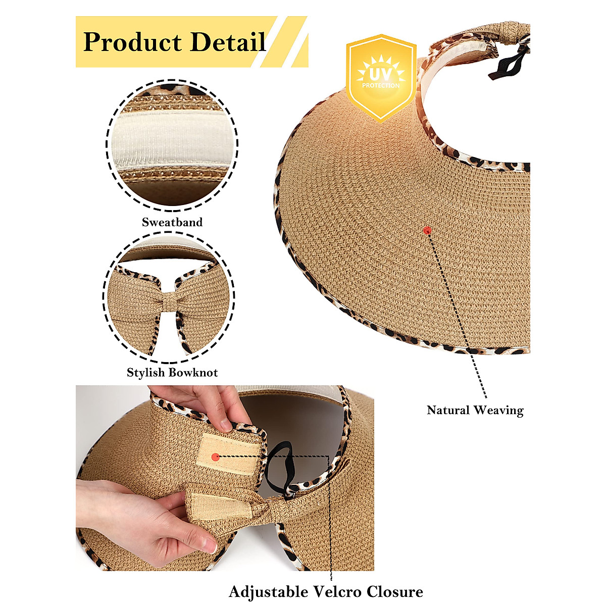 Womens Beach Straw Sun Hats Ponytail Hole Wide Brim Summer Visor Foldable Hat Sun Protection Packable for Travel Pool(One Size,Khaki with Leopard)