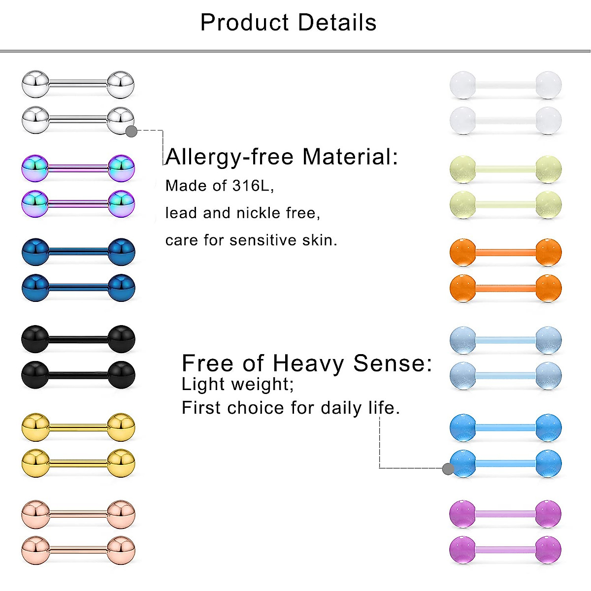 Lcolyoli 14G Glow in the Dark Acrylic Plastic & Surgical Steel Nipple Rings Piercing Jewelry Nipplering Tongue Rings Barbell Retainer for Women Men