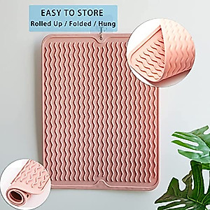 Happy L Dish Drying Mat for Kitchen Counter, Silicone Dish Drainer Mats Heat Resistant Mat, Non-slipping Dishwasher Safe (Pink, 16inch x 12inch)