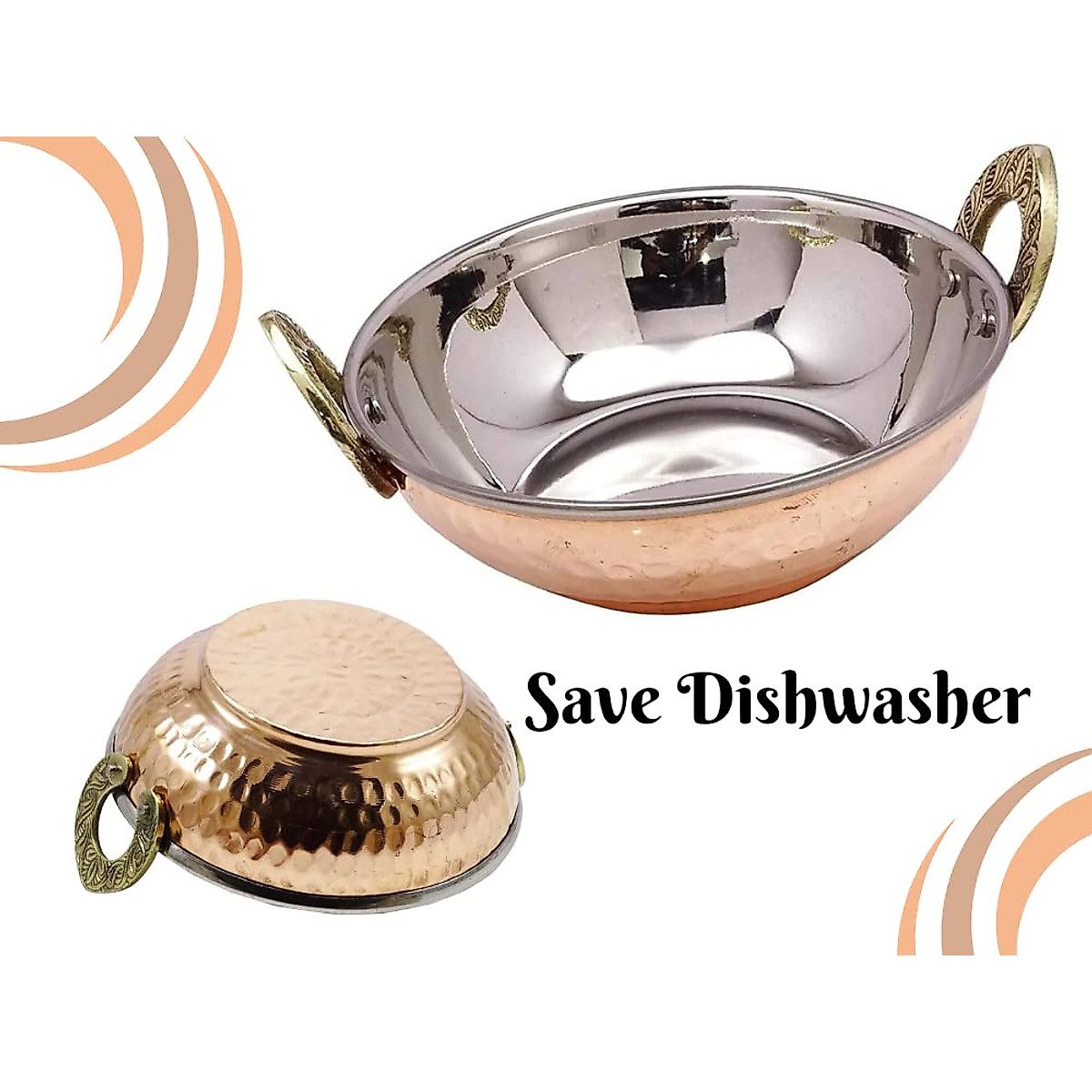 Genx Set of 4, Indian Copper Serveware Karahi Vegetable Dinner Bowl with Solid Brass Handle for Indian Food, Diameter- 13 Cm (5.2 Inches)