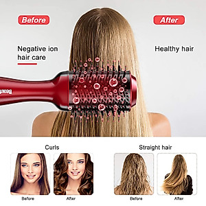 Beautimeter Hot Air Brush, 2-in-1 Volumizing Hair Dryer Brush, Negative Ion Blow Dryer Comb, Salon Hair Styler Brush for Hair Straightening and Curling, Red