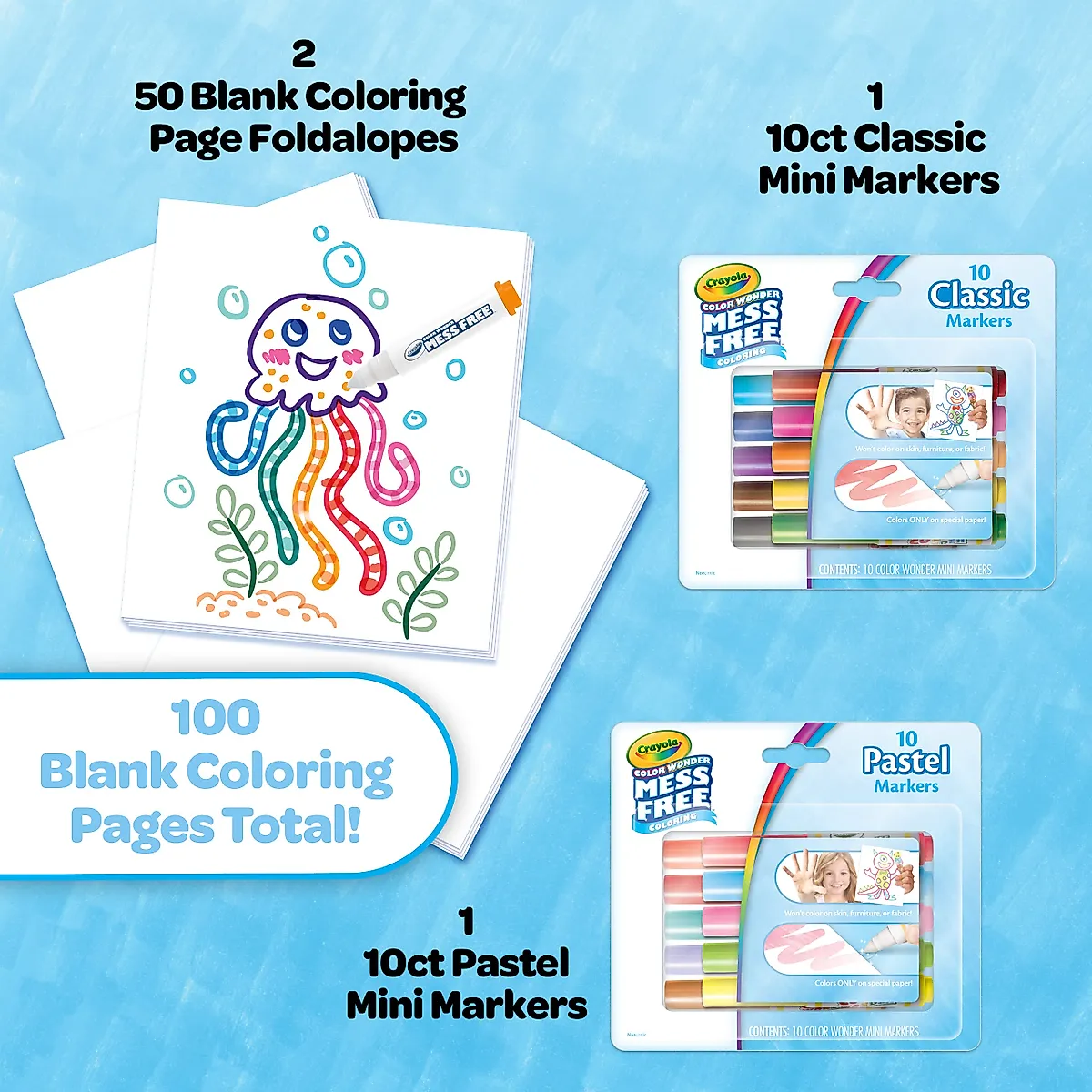 Crayola Color Wonder Mess Free Coloring Kit (120ct), 100 Coloring Pages, 20 Mini Markers, Travel Activity, Toddler Gift, 3+