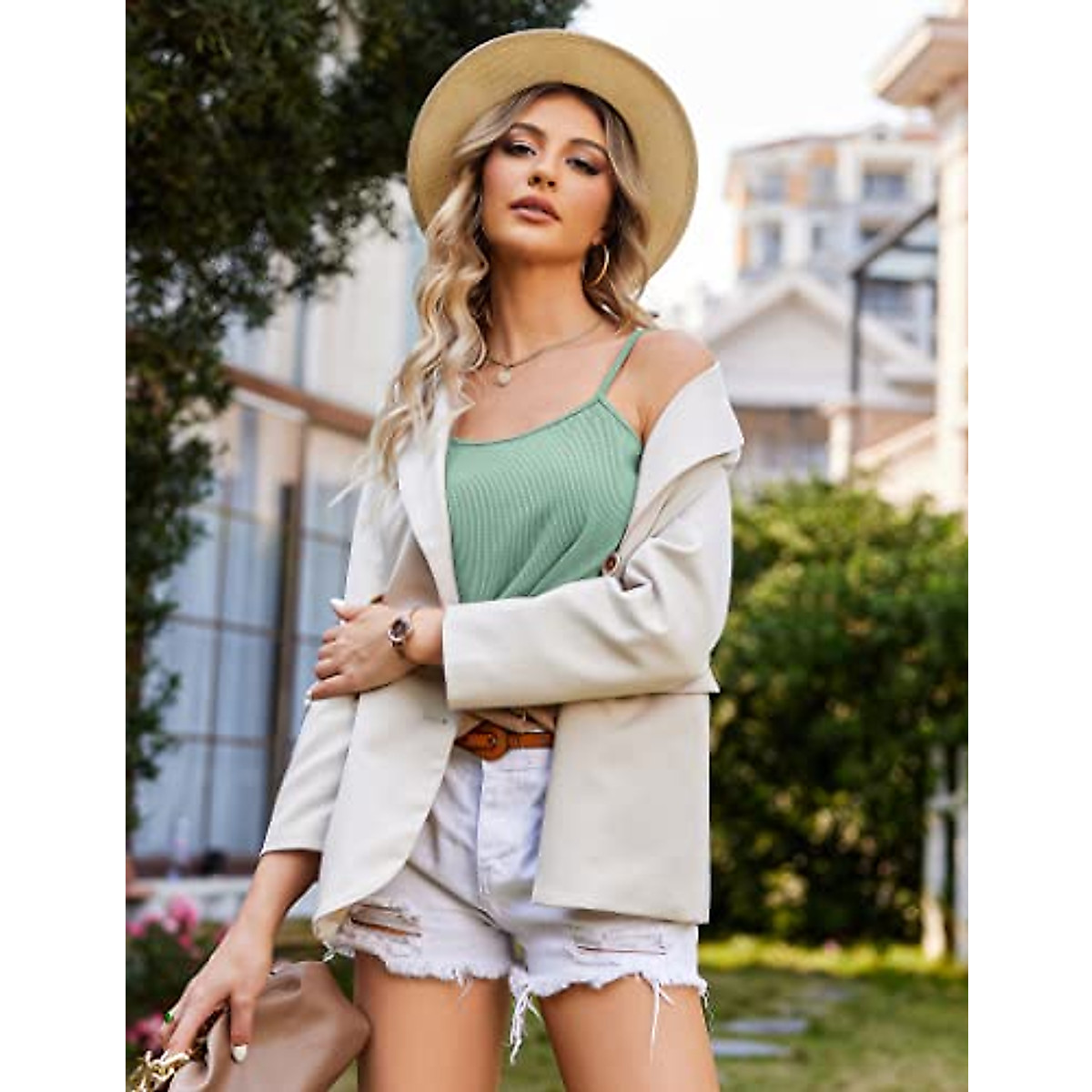 Ekouaer Pajamas for Women Waffle Knit Lounge Sets Cami Tops Shorts Loungewear S-XXL Green