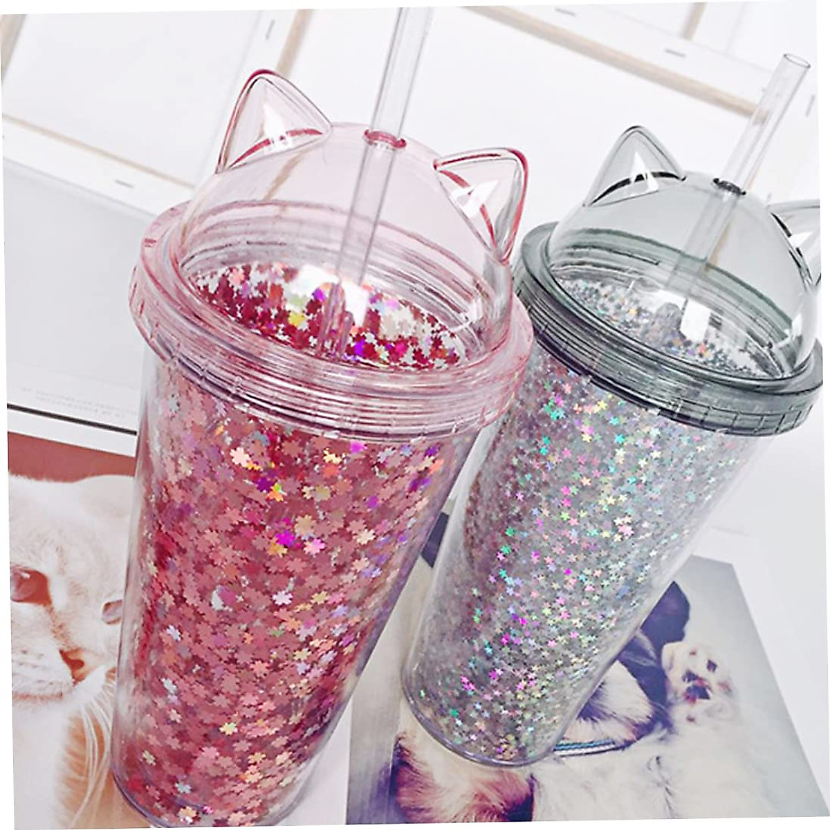 AEIOFU Water Bottle Plastic Cup with Straw, Sequins Double Layer Water Bottle with Cat Ears Glitter Water Cup for Girls Pink