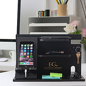 Wood Phone Docking Station Key Holder Wallet Stand Watch Organizer for Men Husband Dad - Anniversary Birthday Father Black Walnut