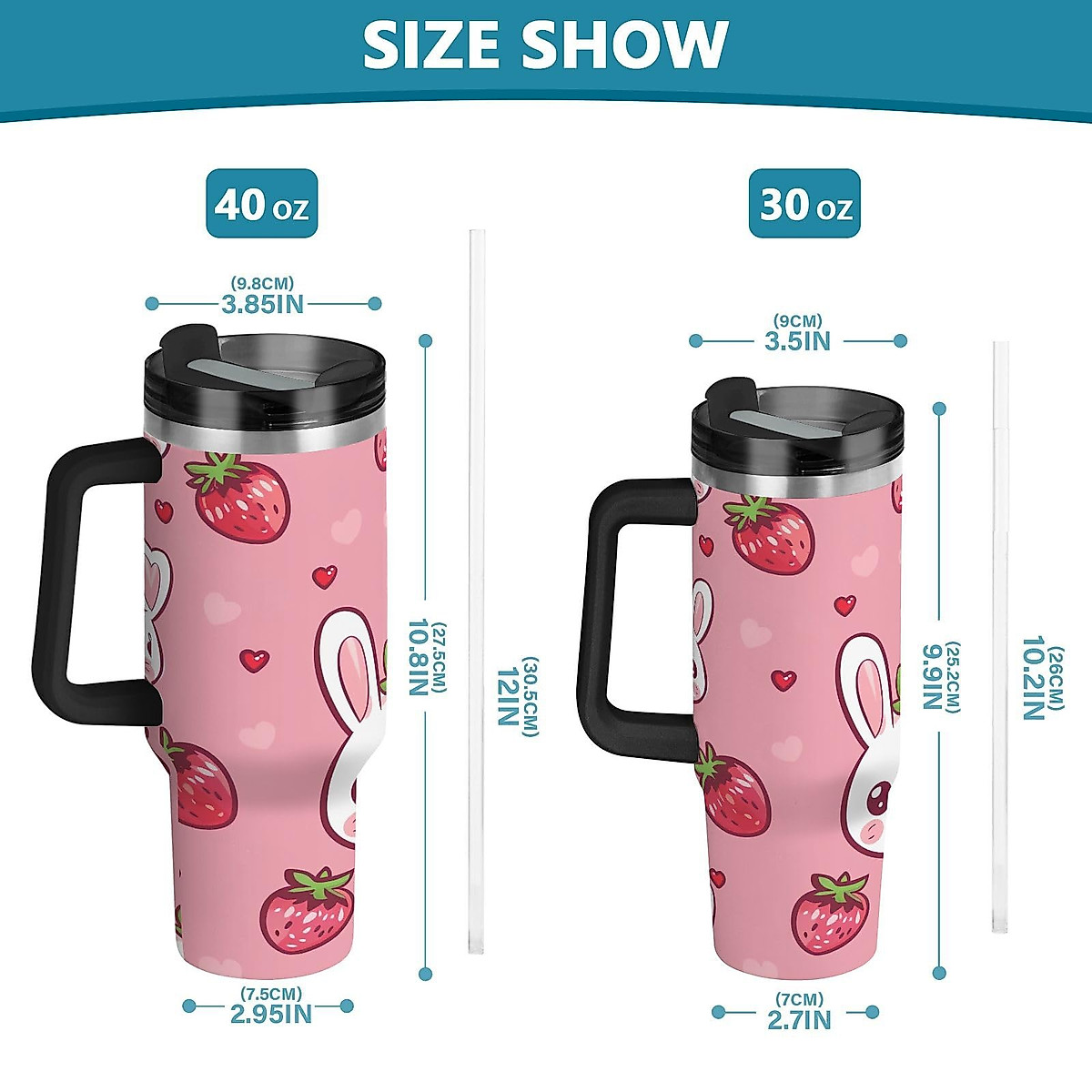 FRCSDIY Rabbits and Strawberries Insulated Tumbler with Handle and Straw Lid,30oz Leakproof Stainless Steel Cup BPA-Free Water Bottle