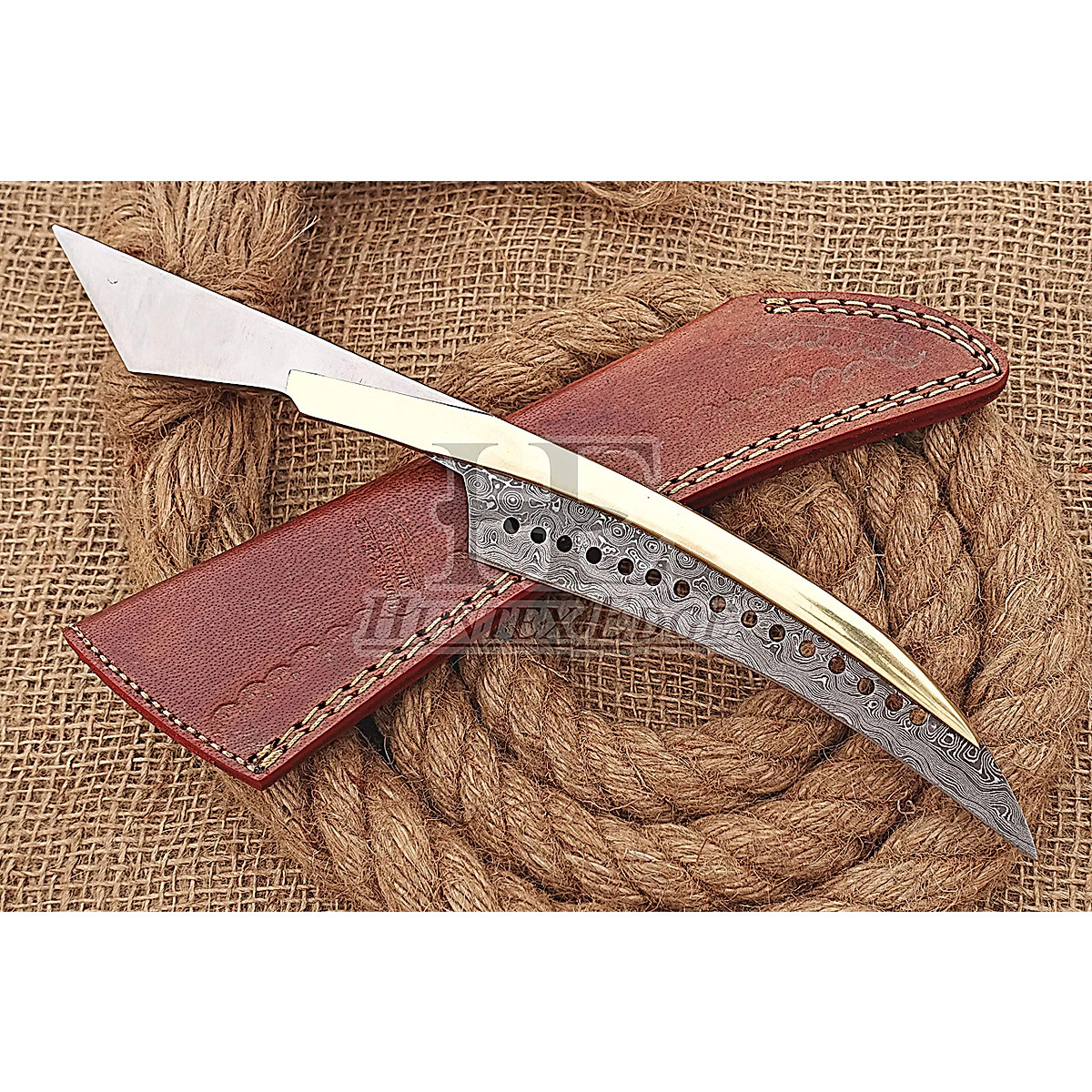HUNTEX Custom Handmade Hand-Forged Rain Drop Pattern Damascus Steel 11 Inch Long Full Tang Steel-Brass Handle Razor Sharp Hunting Camping Hawkbill Knife w/Genuine Leather Pouch