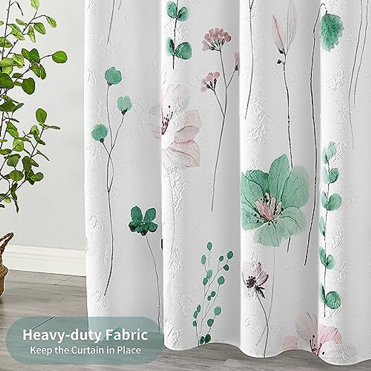 QiyI Watercolor Floral Shower Curtain, 3D Embossed Butterflies Sage Green Flower Bathroom Curtain, Minimalist White Cloth Bath Curtain, Waterproof Fabric Textured Shower Curtain Set with Hooks, 72x72