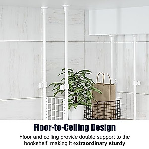 DYN Ptah Floor to Ceiling Adjustble 5 Tiers Bookshelf, Tall Bookshelf with Open Shelves for Storage and Display, Modern Shelf for Living Room, Metal Bookshelf with Wooden Shelf