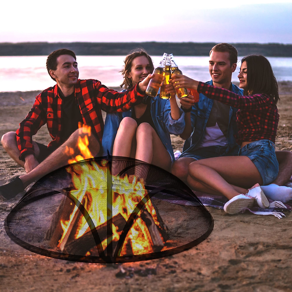 27In Reinforced Steel Round Fire Pit Screen Cover,Outdoor Patio Fire Pit Spark Screen,Heavy Duty Steel Mesh Firepit Ember Lid with Handle