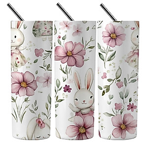 Tumbler with Lid and Straw Miss Rabbit and Flowers thermos coffee travel mugcute cups 20 oz insulated tumbler for Daily Holiday Decor Gift coffee cup