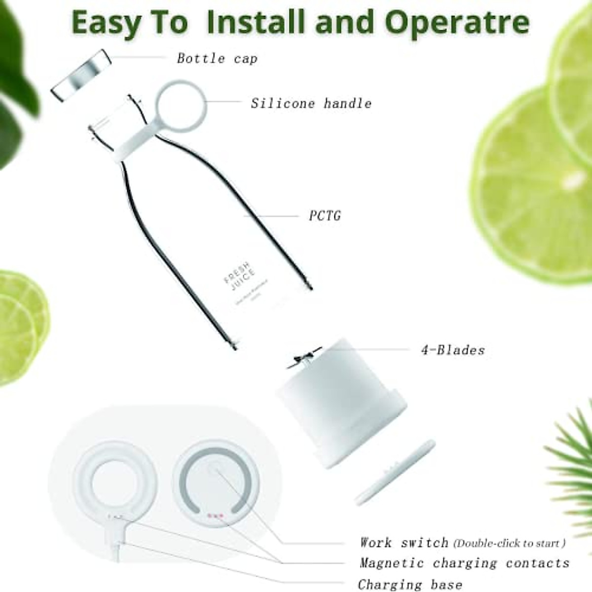 Mini Personal Size Blender, Portable Blender Bottle, Mini Rechargeable Blender, USB Charged Blender, 3 Reusable Aluminium Straw, 1 Straw Cleaner, 1 Straw Carrying Bag, White