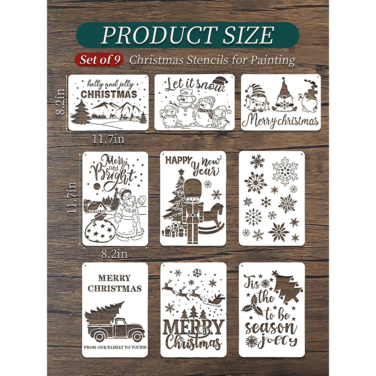 Christmas Stencils Reusable, 9Pcs Farmhouse Large Merry Christmas Stencils for Painting on Wood Winter Decor,8 X 11 Inch,Snowflake Chirstmas Tree Craft Stencils