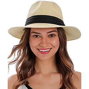 Sun Hats for Women Panama Hat Men & Womens Wide Brim Hat Sun Protection Foldable Straw Beach Fedora Hat Women Floppy Beach Hat Sunhat Womens,Beige