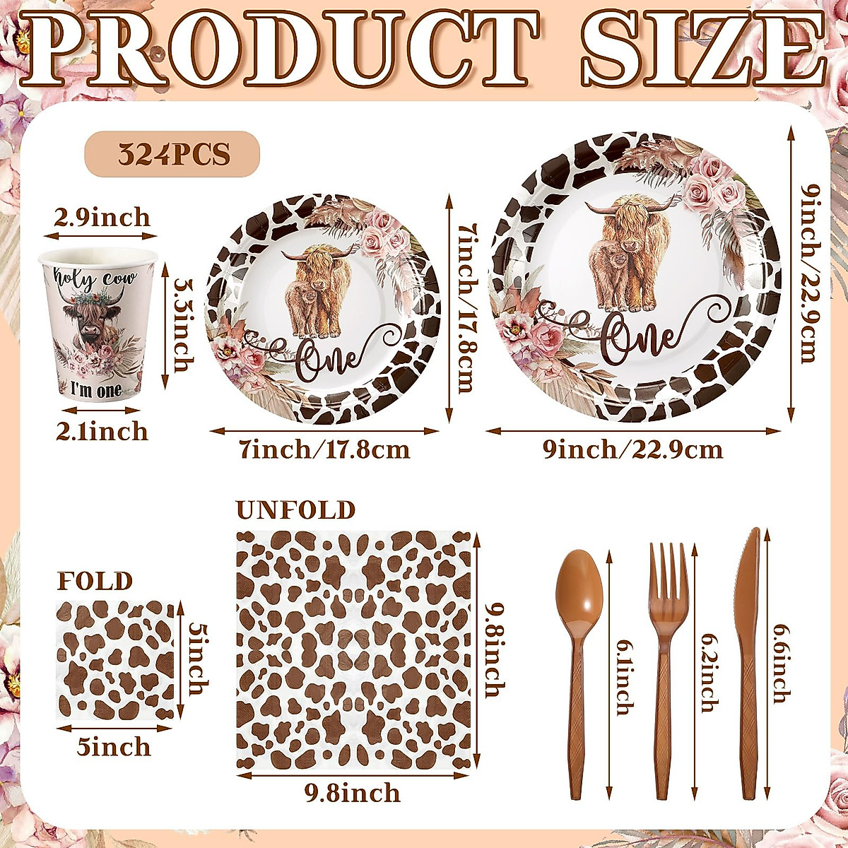 Tanlade 324 Pcs Highland Cow Birthday Decorations Birthday Party Supplies Serves 36 Baby Shower Dinner Plates Disposable Plates Cups and Napkins for Baby Shower Birthday Party Supplies