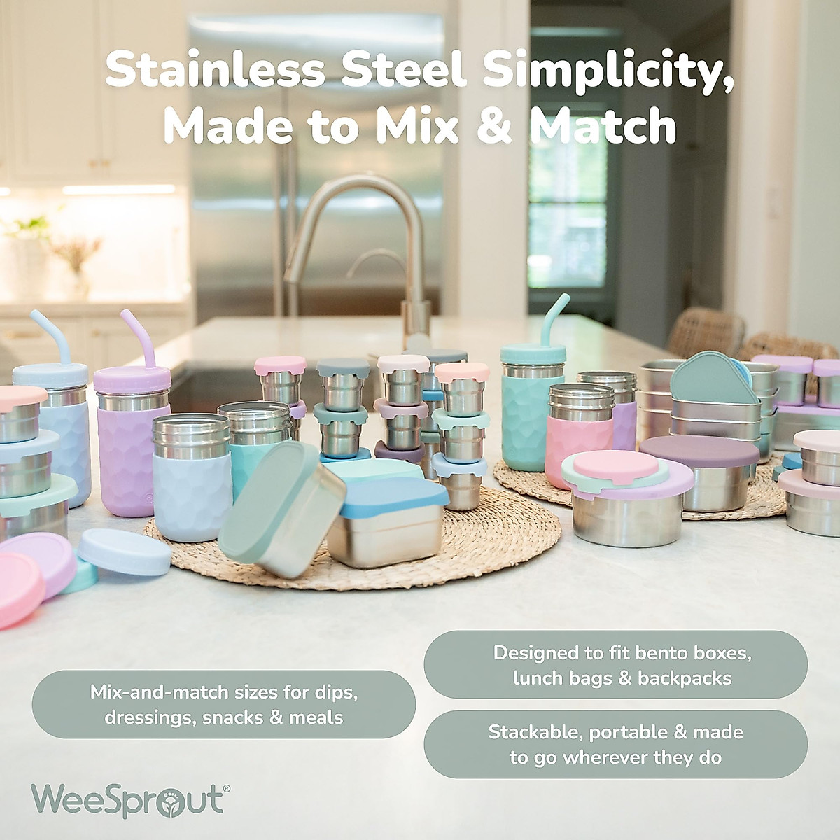 WeeSprout 18/8 Stainless Steel Condiment Containers - Set of 3 Small Dipping Sauce Cups (2.5 oz) with Lids, Pack in Kid/Adult Lunch Box, Leakproof Silicone Lids, Easy to Open, for Dips/Condiments