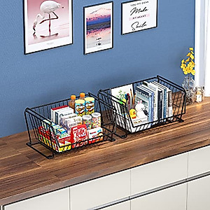 PUSDON 4-Tier Stackable Metal Storage Baskets, Anti-Rust Fruit Vegetable Rack, Dual Use Shelf for Kitchen, Home & Office, Black