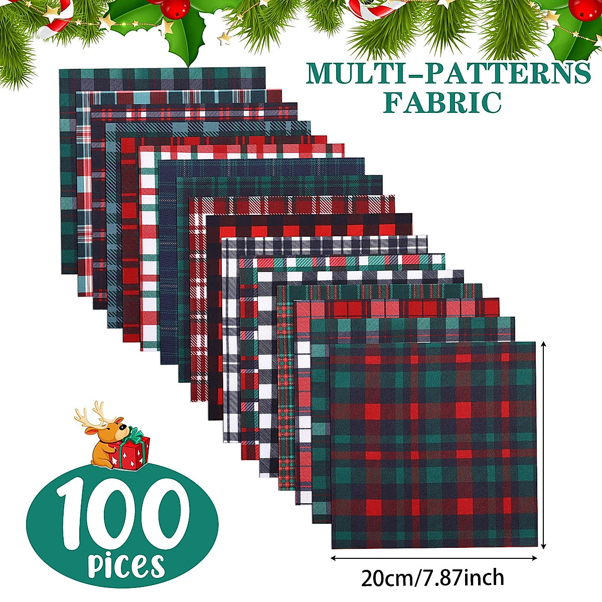 Preboun 100 Pcs 5 x 5 Inches Christmas Plaid Buffalo Check Fabric 25 Styles Buffalo Plaid Fabric Squares Polyester Fabric Scraps Quilting Squares for DIY Christmas Sewing Quilting Patchwork