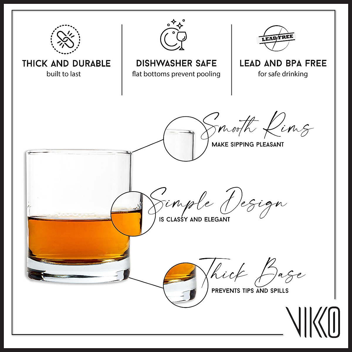 Vikko Whiskey Glasses, 10.25 Oz Scotch Glasses, Set of 6 Old Fashioned Glasses, Crystal Clear Bar Glass, Sturdy Base