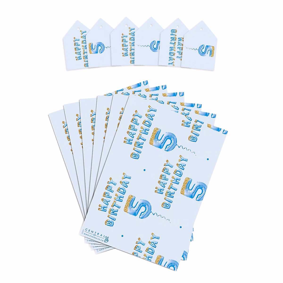 CENTRAL 23 Blue Wrapping Paper for Boys - Age Five - 6 Sheets Birthday Gift Wrap - Happy 5th Birthday Wrapping Paper - Comes With Stickers - Recyclable