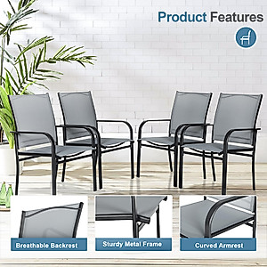 Crownland Outdoor Wrought Iron Dining Chairs Set of 6, Patio Textilene Dining Chair with High Backrest, Metal Frame Furniture Chairs with Armrests for Yard, Deck, Backyard, Lawn, Poolside (Grey)