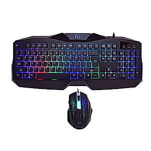 Rii Gaming Keyboard and Mouse Combo,LED Rainbow Backlit USB Wired Computer Keyboard 104 Key,Spill-Resistant Design,Ergonomic Wrist Rest Keyboard Mouse Set for Windows PC Gamer. Black