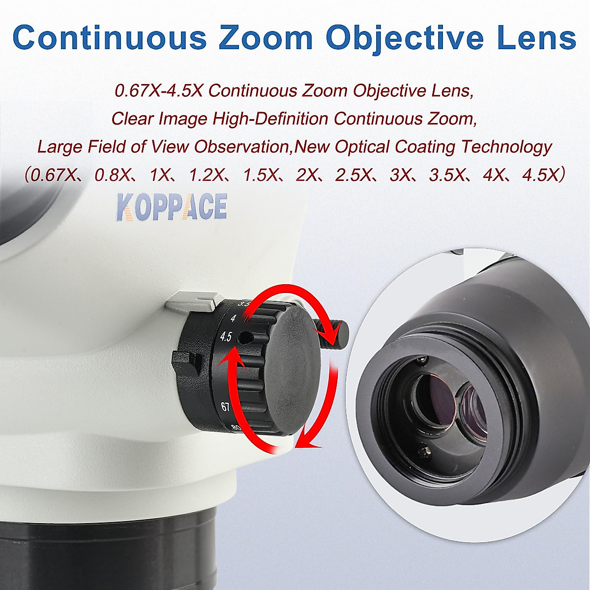 KOPPACE 6.7X-45X Trinocular Stereo Microscope Dual Arm Bracket Magnification Locking Function.