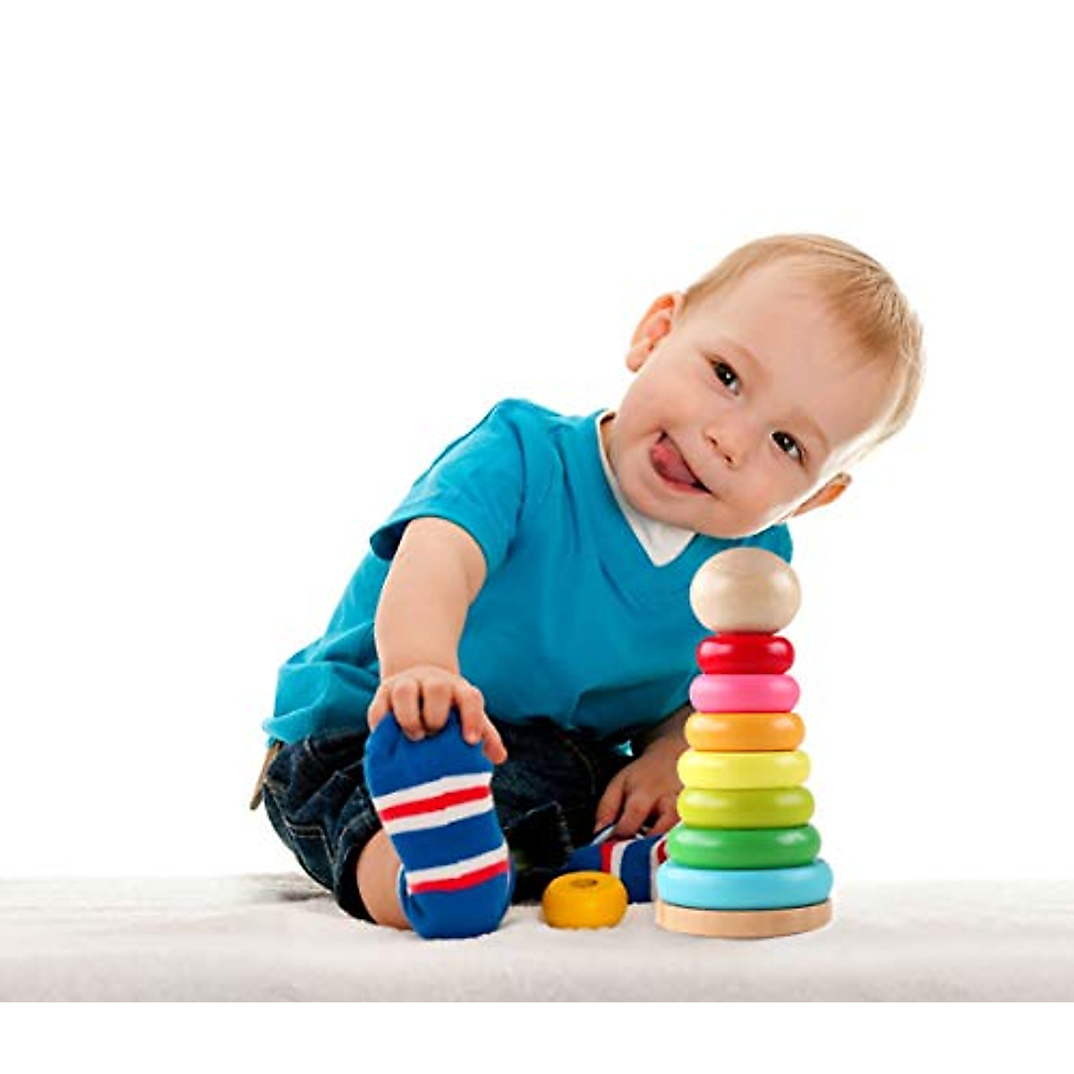 GEMEM Stacking Rings Toy Wooden Rainbow Stacker Toddler Learning Toys for 18 Months 2 Year Old Baby Boys Girls Non-Toxic