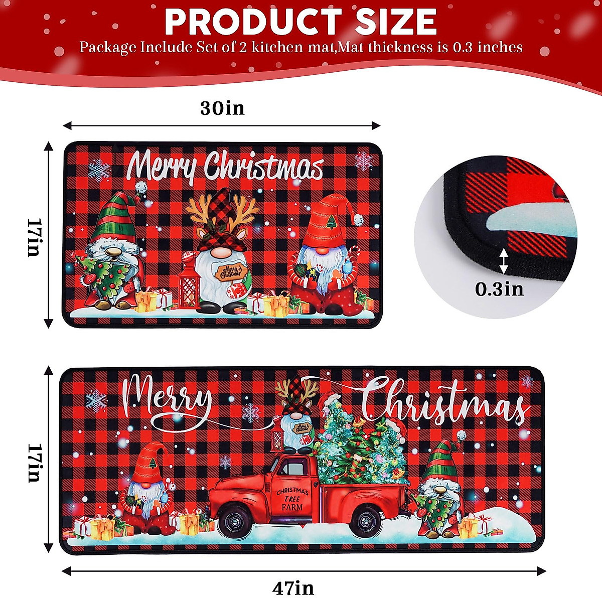 Christmas Kitchen Mats, Merry Christmas Kitchen Rugs Set of 2 - Red Black Buffalo Plaid Christmas Kitchen Decor - Gnome Truck Xmas Decorations for Floor,Bathroom,Living Room,Doorway 17"x30"+17"x47"