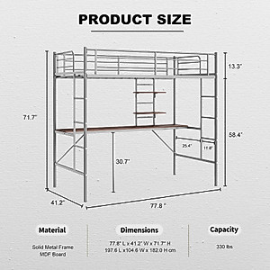 IKIFLY Twin Size Loft Bed with Desk & Storage Shelves, Metal Loft Bed Frame with 2 Built-in Ladders, Safety Guard Rail, Space-Saving Design, Noise Free, No Box Spring Needed - Silver Grey