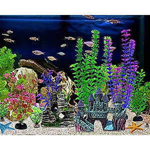 Mechpia 13 Pieces Aquarium Decorations Kit, Fish Tank Decorations Set Small Resin Castle and Rockery Betta Fish Cave Hideout Coral Artificial Plastic Plants Ornament Accessories