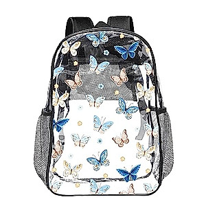 Butterfly Clear Backpacks for School Girls Boys Adults, 17 Inch See Through Backpack, Kids Clear Backpack, Heavy Duty PVC Transparent Backpack for Sports, Work, Stadium, Security Travel, College