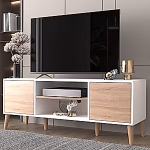 Gdvsclr TV Stand, TV Console Media Cabinet with Push Up Open Doors and Cable Collection Holes for TVs Up to 60 Inch Flat Screen for Living Room Bedroom, White + Oak