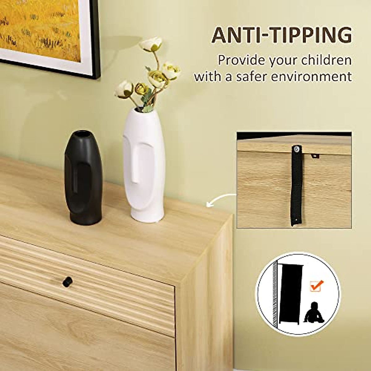 HOMCOM Sideboard Buffet Cabinet with Ribbed Texture, Woodgrain, Kitchen Cabinet, Coffee Bar Cabinet with Storage Drawers, Natural