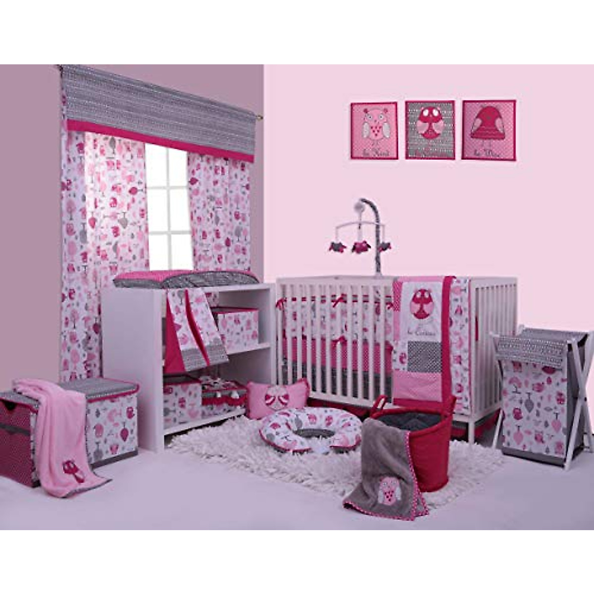 Bacati Owls Girls Cotton Nursery Storage Caddy, Pink/Grey