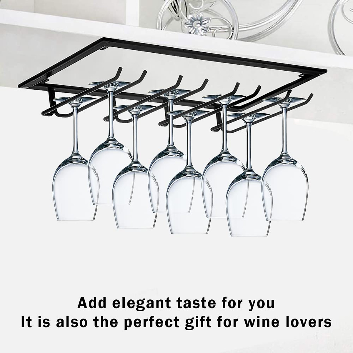Wine Glasses Rack Under Cabinet Stemware Rack, Wire Wine Glass Holder Storage Hanger for Cabinet Kitchen Bar, 4 Rows Black Metal Wine Glasses Hanger