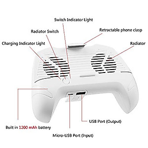 Universal Mobile Phone Game Controller Joypad Grip with Built-in Dual Cooler Fans and Power Bank - White