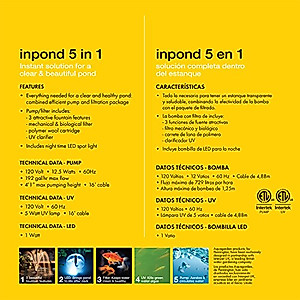 Pennington Aquagarden , Inpond 5 in 1, Pond & Water Pump, Filter, UV Clarifier, LED Spotlight and Fountain , All in One solution for a Clean, Clear and Beautiful pond , For Ponds up to 200 Gallons