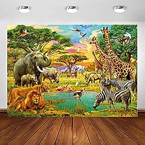 7x5FT Tropical Forest Safari Backdrop African Jungle Animal Photography Background Elephant Lion Giraffe Photo Studio Props for Boys Birthday Party Baby Shower Newborn Photo Booth Props