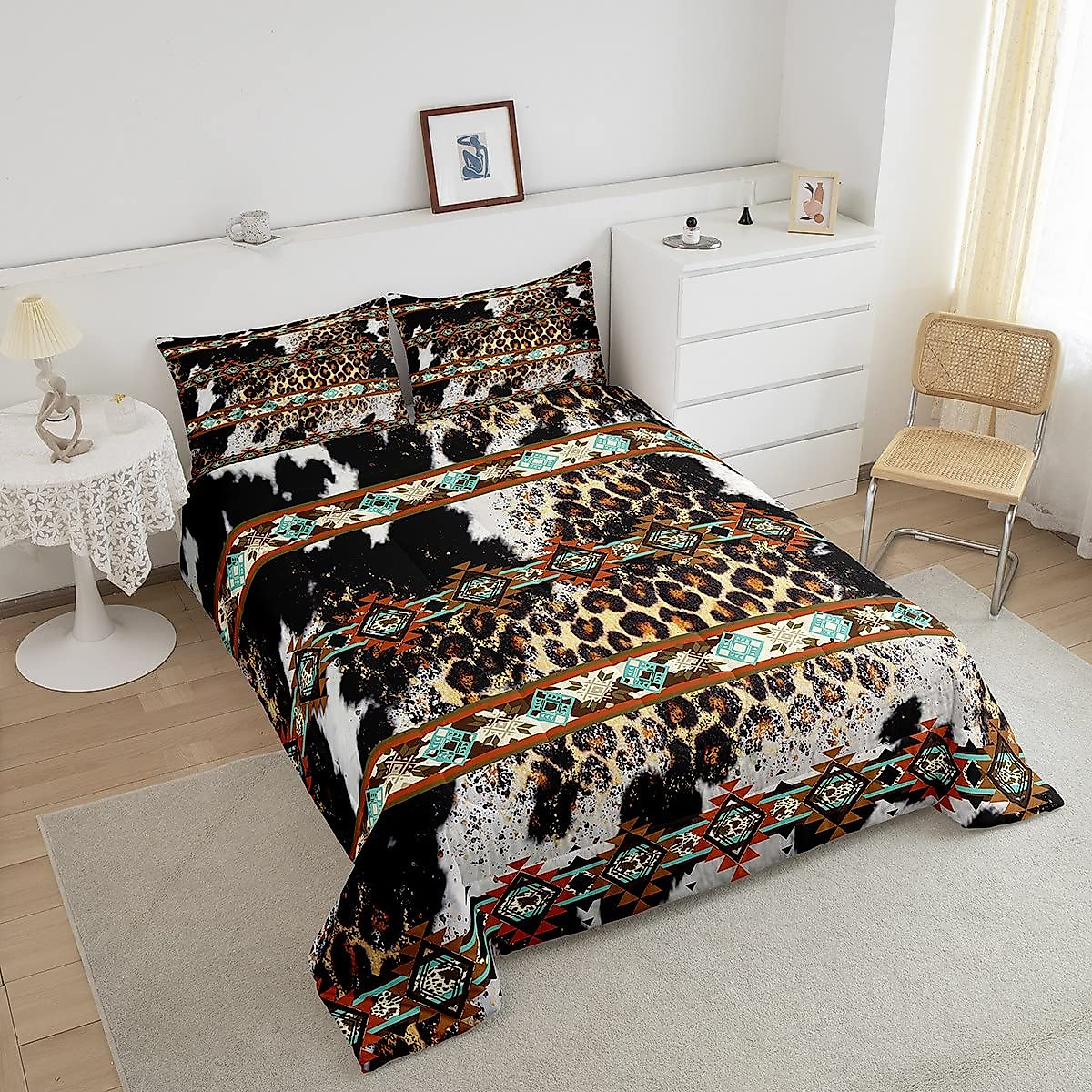 Erosebridal Cheetah Print Comforter Set Western Bedding Sets Full,Exotic Aztec Quilt Black and White Cowhide Cow Print Duvet Insert,Farm Animals Bull Skin Room Decor Cowboys Gifts for Women