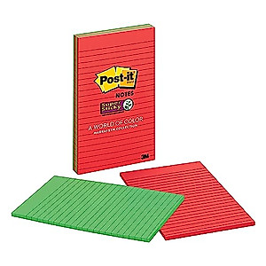 Post-it Super Sticky Notes, 5x8 in, 2 Pads, 2x the Sticking Power, Marrakesh Collection, Primary Colors (Red, Yellow, Green, Blue, Purple), Recyclable (5845-SSAN)