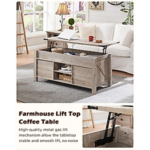 OKD 48" Farmhouse Lift Top Coffee Table with Sliding Barn Door, Rustic Center Table w/Hidden Storage Compartment, Lift Tabletop Dining Table w/Adjustable Shelf for Living Room,Light Rustic Oak