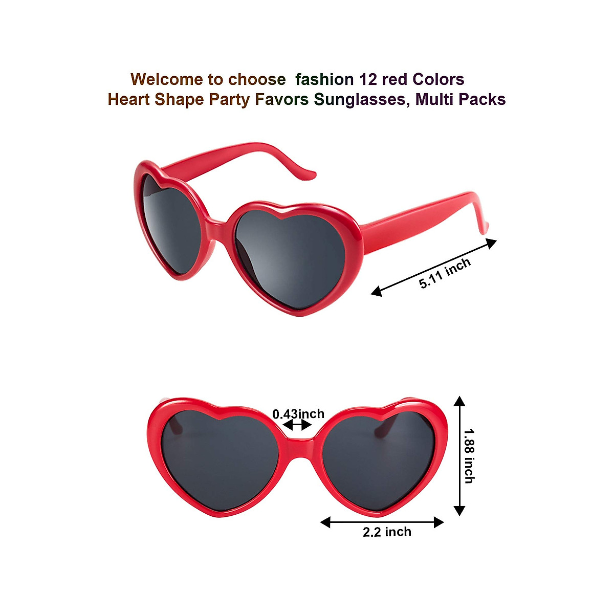 Blulu 12 Pieces Neon Colors Heart Shape Sunglasses for Women Party Favors and Festival (Red)