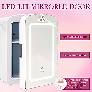 Paris Hilton Mini Refrigerator and Personal Beauty Fridge, Mirrored Door with Dimmable LED Light, Thermoelectric Cooling and Warming Function for All Cosmetics and Skincare Needs, 4-Liter, White