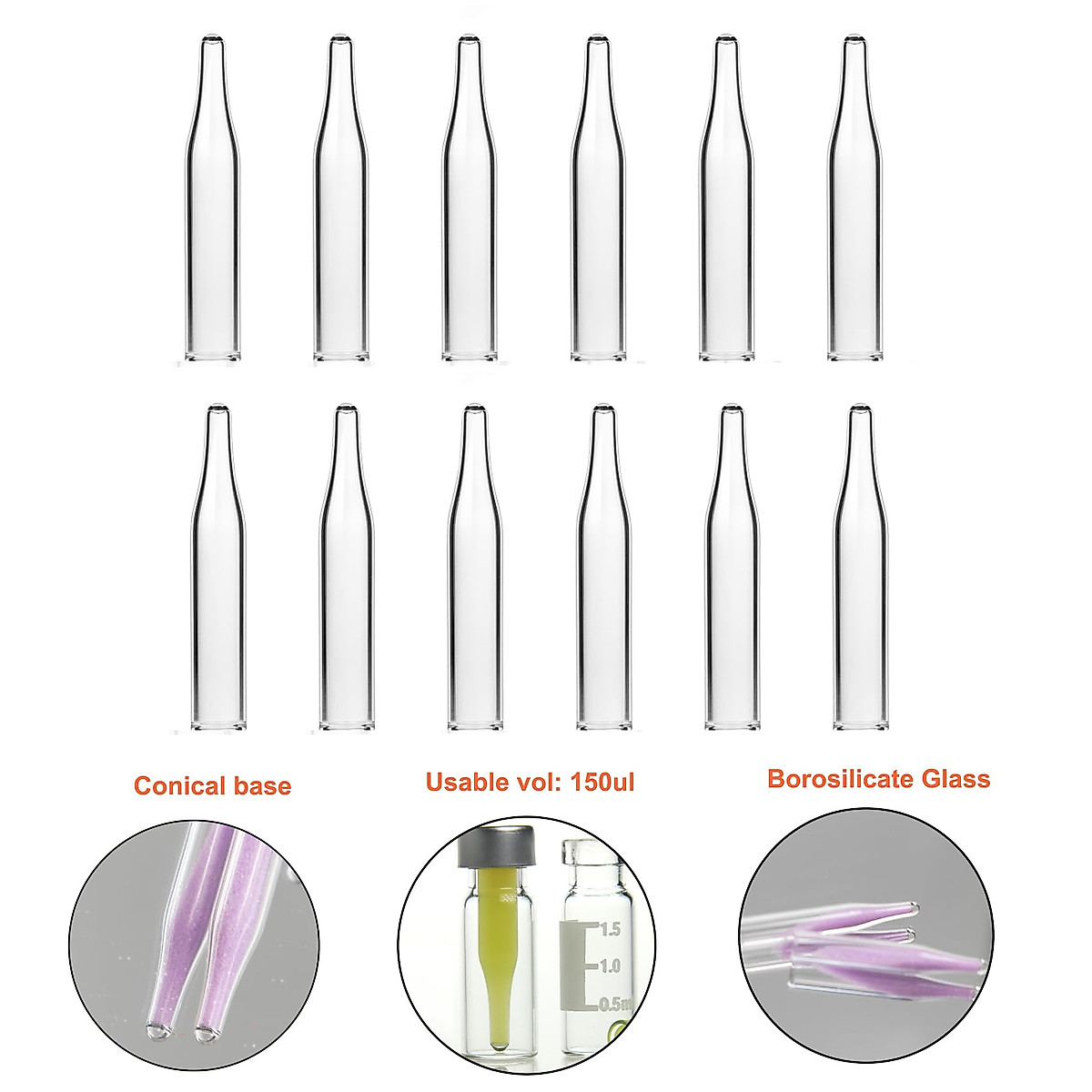 PEKYBIO Vial Insert, 5x31 mm Clear Glass Insert Conical Base, Volume 200 ul, Pack of 100