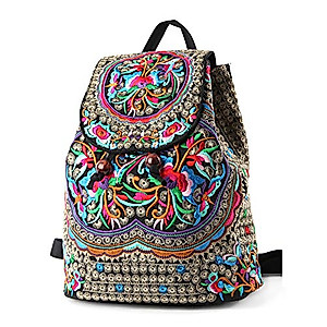 Goodhan Vintage Women Embroidery Ethnic Backpack Travel Handbag Shoulder Bag Mochila (S01 - Size Biggest - Pink - Material Upgraded)