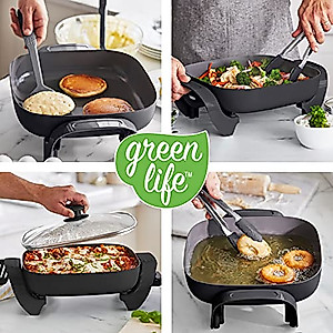 GreenLife Healthy Ceramic Nonstick, 12" 5QT Square Electric Skillet with Glass Lid, Dishwasher Safe, Adjustable Temperature Control, PFAS-Free, Black