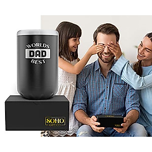 SoHo Can Cooler Gift for Dad, Insulated for 12oz Standard Beer, Soda Can, Tumbler for Fathers Day/Christmas/Birthday Gifts "Worlds Best Dad"(Gift Boxed)