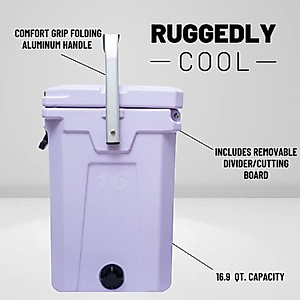 CAMP-ZERO 16L Tall Cooler/Ice Chest with 2 Molded-in Cup Holders & Folding Aluminum Handle | Thick Walled, Freezer Grade Cooler with Secure Locking System & Removable Divider (Lavender)
